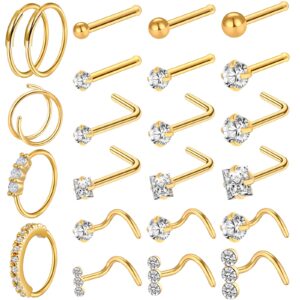 onesing 23pcs gold nose rings for women 20g nose piercing jewelry l shape nose studs nose rings hoop nose jewelry gold stainless steel studs screw body piercing jewelry for women men