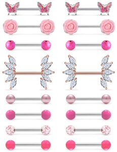 msndnkwo nipple rings for women nipple piercing jewelry 14g surgical steel cubic zircon 14mm silver/pink/purple/rose gold 8 pairs barbell body piercing jewelry