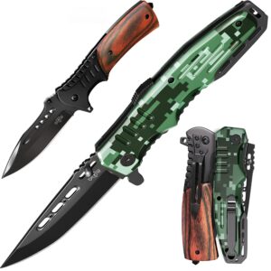 bundle of 2 items - pocket folding knife - military style - folding knife - tactical knife - best camping hunting fishing hiking survival knofe - travel accessories gear - cool knife gifts