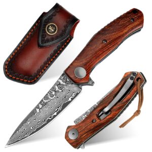 benkey damascus folding knife with clip leather sheath camping knife edc, sharp damascus pocket knife handmade with liner lock and wood handle for outdoor survival hunting collection