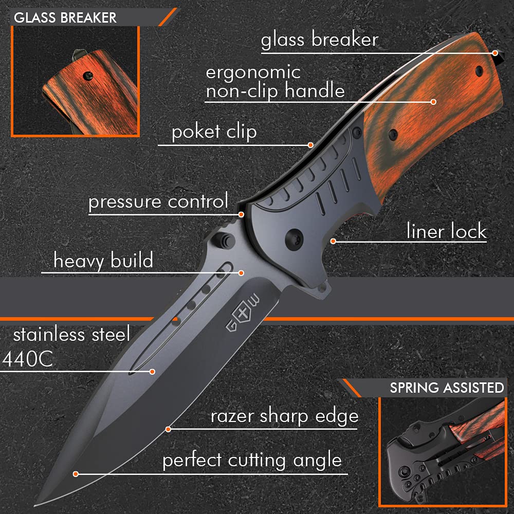 Bundle of 2 Items - Pocket Folding Knife - Military Style - Folding Knife - Tactical Knife - Best Camping Hunting Fishing Hiking Survival Knofe - Travel Accessories Gear - Cool Knife Gifts