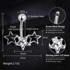 Wycian Navel Rings, Stainless Steel Belly Piercing Jewelry Belly Button Rings For Women Stars Shaped Black Cubic Zirconia Belly Ring Black Silver