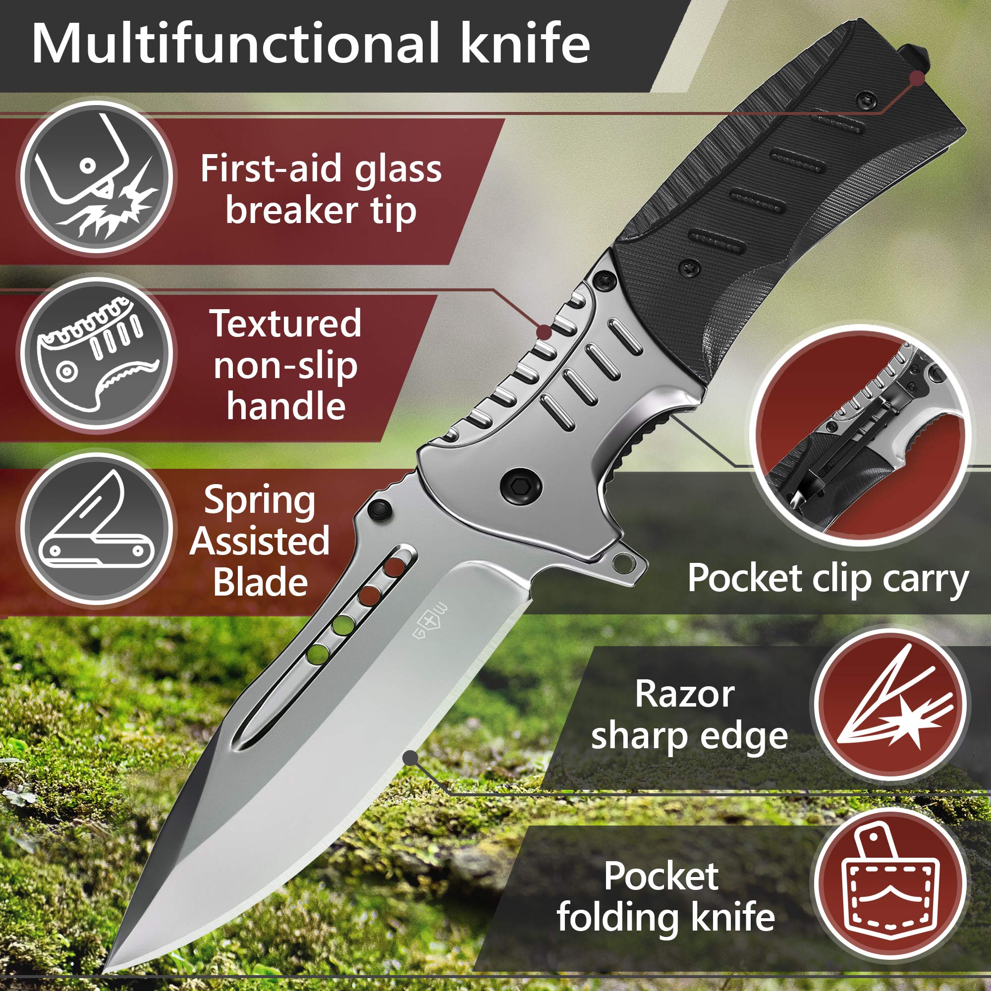 Grand Way Pocket Knife - Folding Knives - Military EDC USMC Jack Knifes - Best Camping Hunting Fishing Hiking Survival Knofe - Travel Accessories Gear - Pocket Knife Gifts for Men