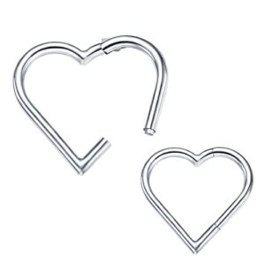 vojo 2 pcs g23 titanium heart daith piercing jewelry rook tragus clicker ring cartilage earrings 16g (8mm+10mm, heart silver)