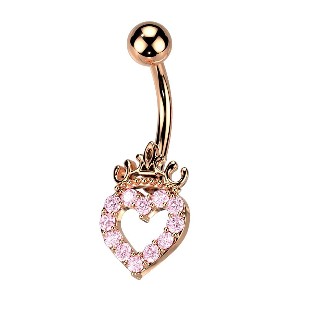 Pierced Owl 14GA 316L Stainless Steel CZ Crystal Paved Hollow Heart and Crown Belly Button Ring (Rose Gold Tone/Pink)