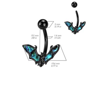 Pierced Owl 14GA 316L Stainless Steel Bat with Abalone Shell Wings Belly Button Ring (Black)