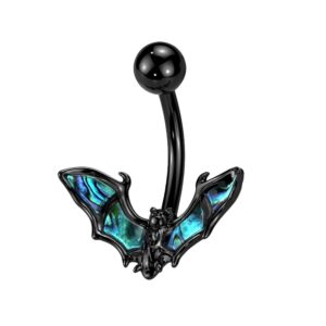 pierced owl 14ga 316l stainless steel bat with abalone shell wings belly button ring (black)