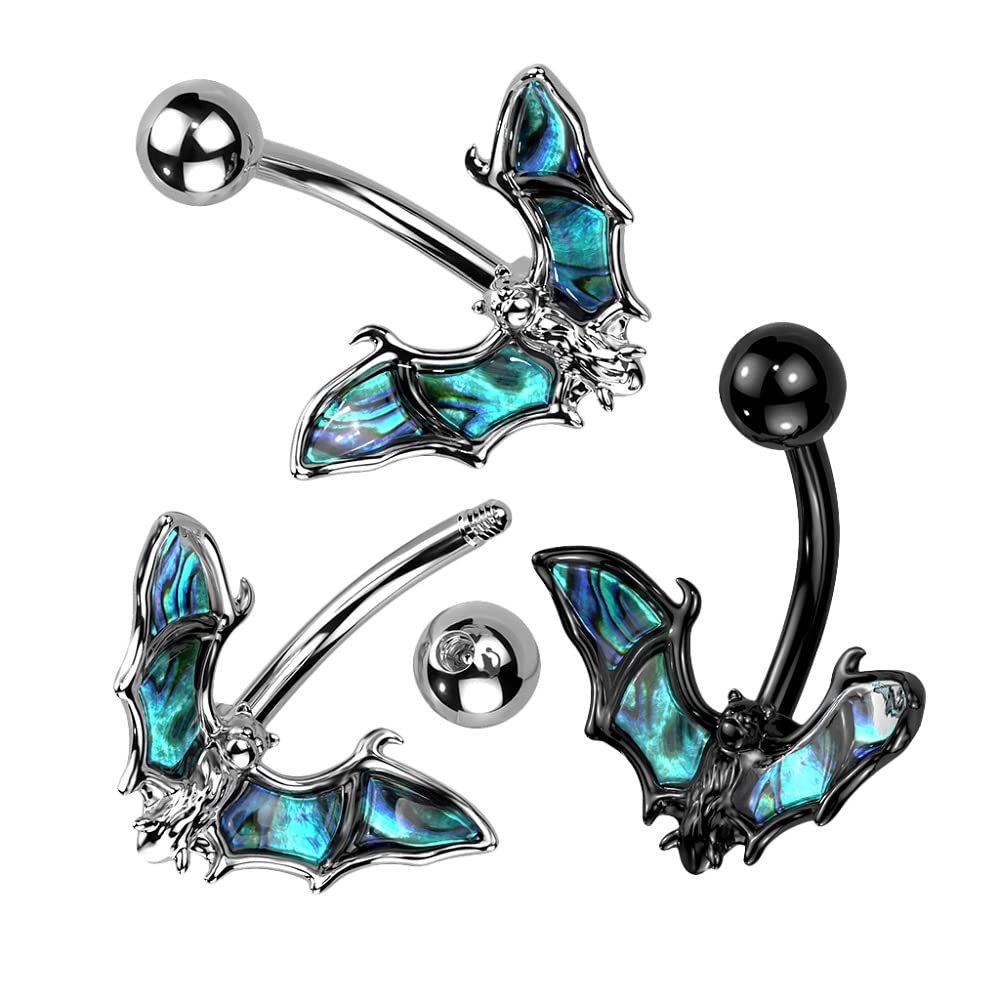 Pierced Owl 14GA 316L Stainless Steel Bat with Abalone Shell Wings Belly Button Ring (Black)