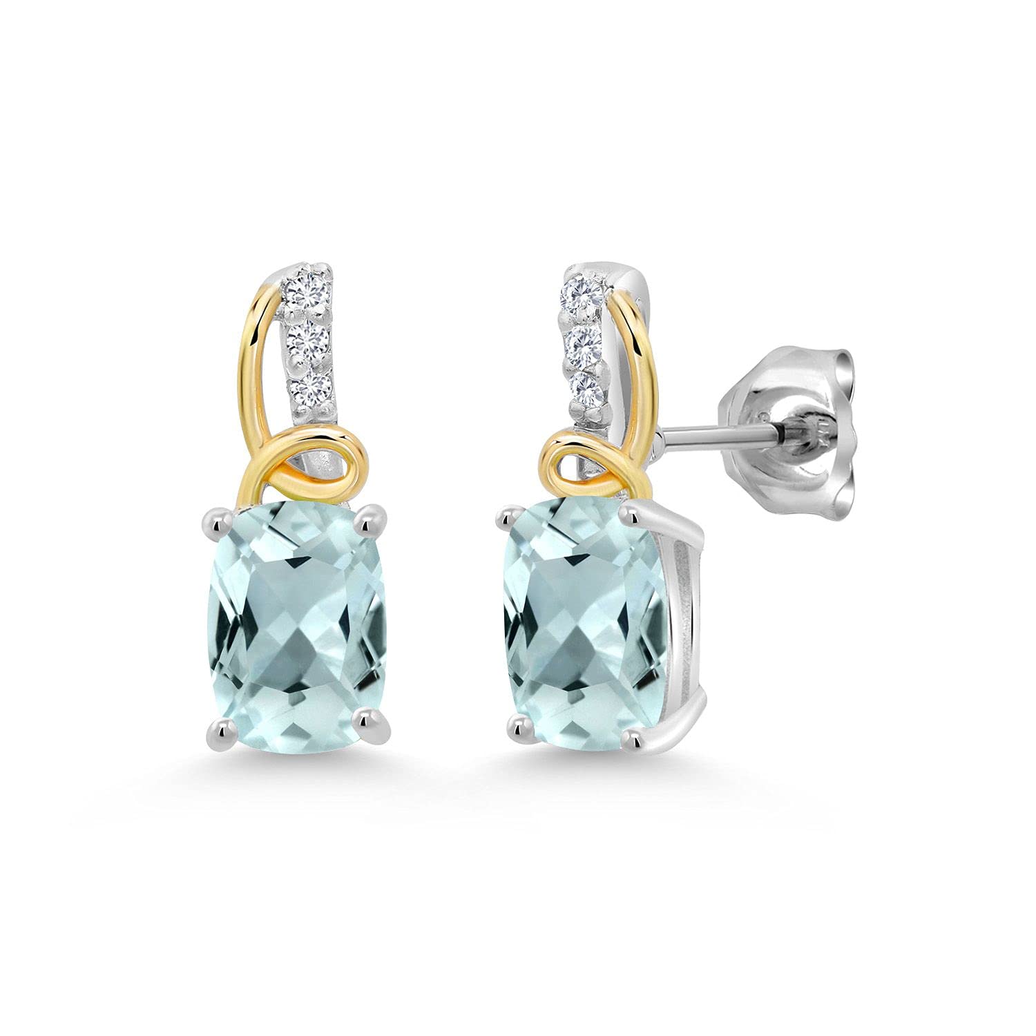 Gem Stone King 925 Sterling Silver and 10K Yellow Gold 7X5MM Cushion Gemstone Birthstone and White Lab Grown Diamond Stud Earrings For Women