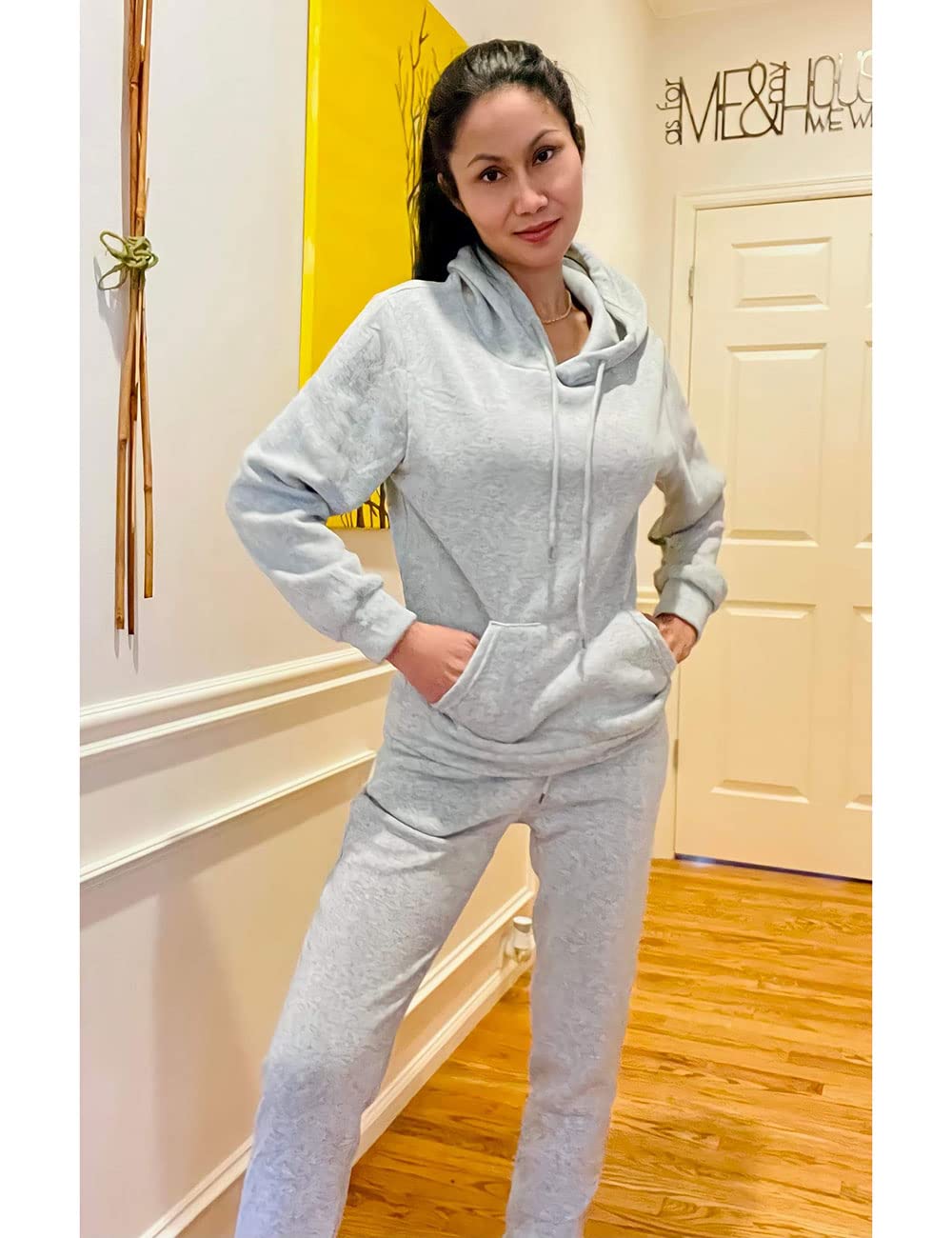 Alunzoem Jogger Set for Women Two Piece Long Sleeve Hoodies Pullover Top and Skinny Pants Sweatsuit Grey L