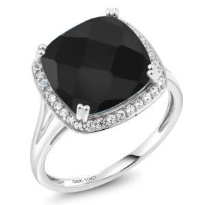 Gem Stone King 10K White Gold Black Onyx and White Created Sapphire Women Ring (5.77 Cttw, Cushion Checkerboard 12MM, Gemstone Birthstone, Available In Size 5, 6, 7, 8, 9)