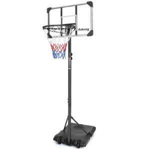 aokung teenagers youth height adjustable 5.6 to 7ft basketball hoop 28 inch backboard portable basketball goal system with stable base and wheels, use for indoor outdoor