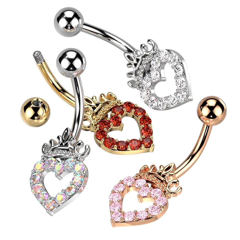 Pierced Owl 14GA 316L Stainless Steel CZ Crystal Paved Hollow Heart and Crown Belly Button Ring (Rose Gold Tone/Pink)