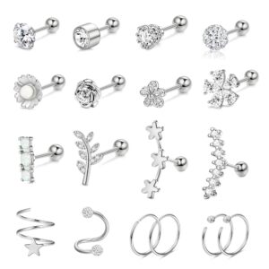 ironbox 18 pcs 16g cartilage earrings studs for women men surgical steel tragus couch helix piercing jewelry opal flower leaf cz cartilage helix earrings silver