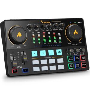 maono audio interface, maonocaster 10-channel podcast mixer with pro-preamp, 48v phantom power, bluetooth, 11 customize sound pads for recording, streaming, youtube, tiktok, pc, guitar (ame2)