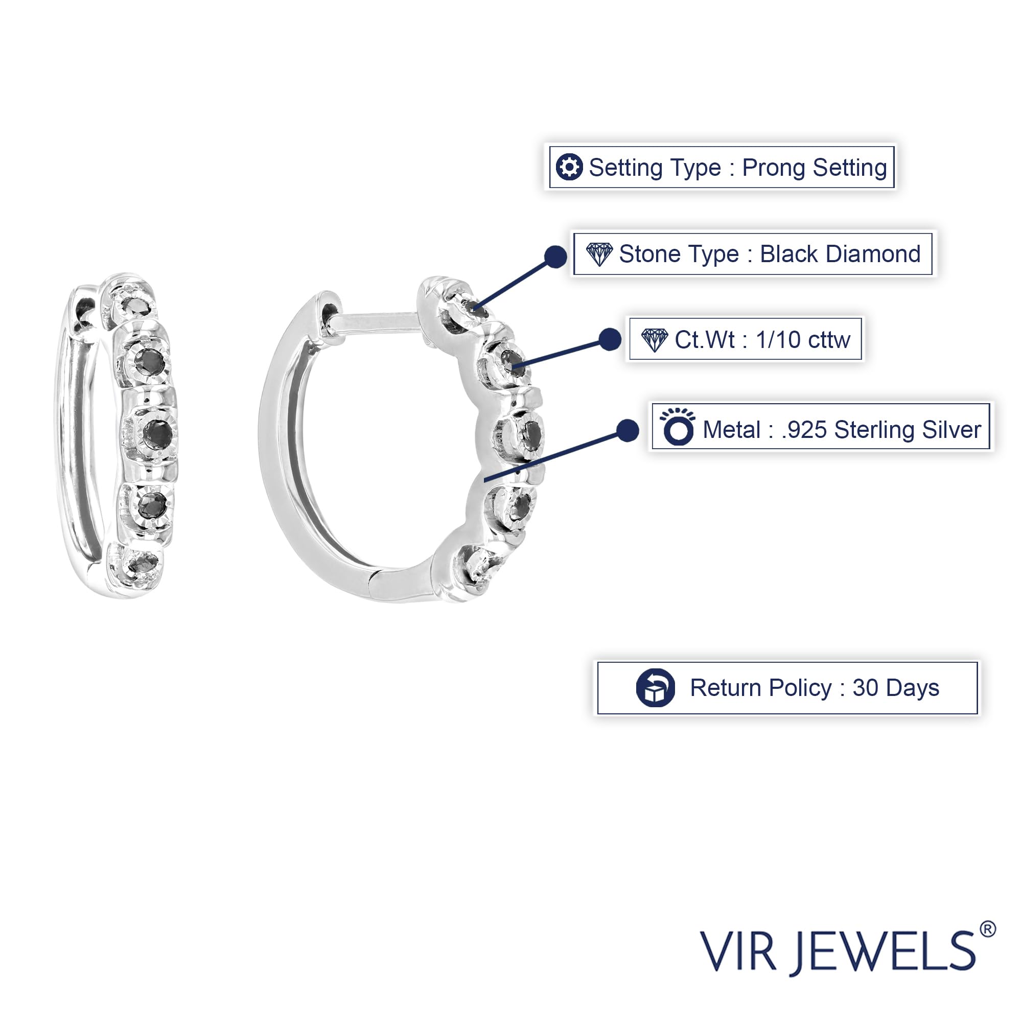 Vir Jewels 1/10 cttw Black Diamond Hoop Earrings .925 Sterling Silver 10 Stone Prong 2/3 Inch