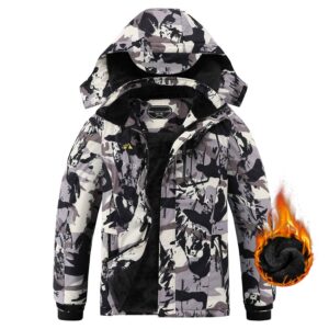 afilok boy's ski jacket waterproof breathable kids fleece lined windproof hooded snowboard coats(white camouflage 6-7)