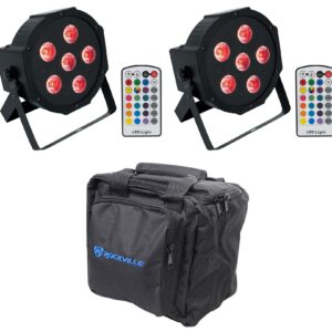 (2) Rockville Battery PAR 6RF Rechargeable Wireless DMX Lights+RF Remotes+Bag