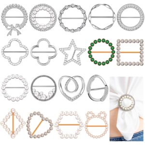 juexica 18 pcs t shirt clips ties for women scarf ring clips waist round metal alloy scarf buckle with rhinestone and pearl(classic)