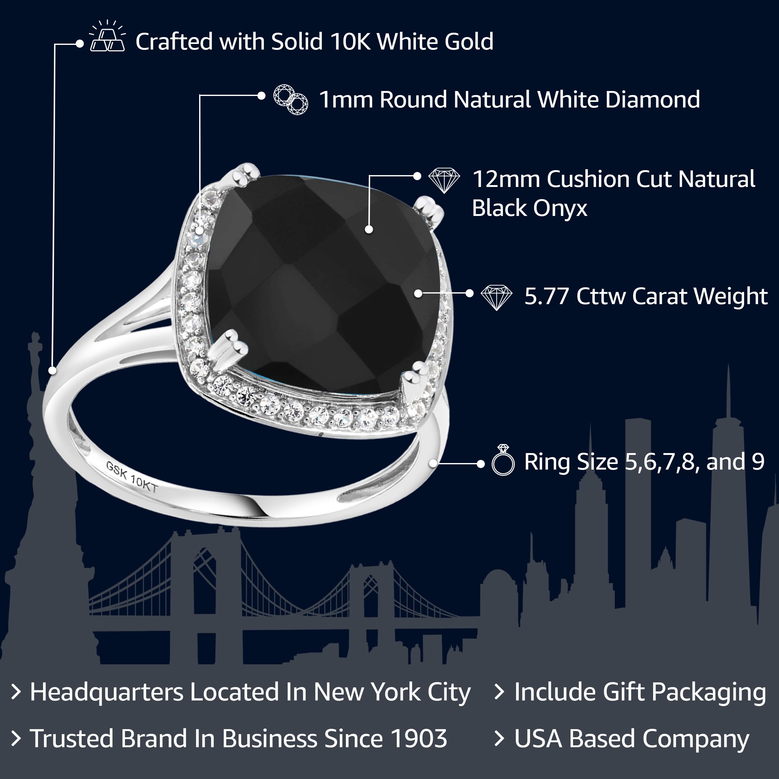 Gem Stone King 10K White Gold Black Onyx and White Created Sapphire Women Ring (5.77 Cttw, Cushion Checkerboard 12MM, Gemstone Birthstone, Available In Size 5, 6, 7, 8, 9)