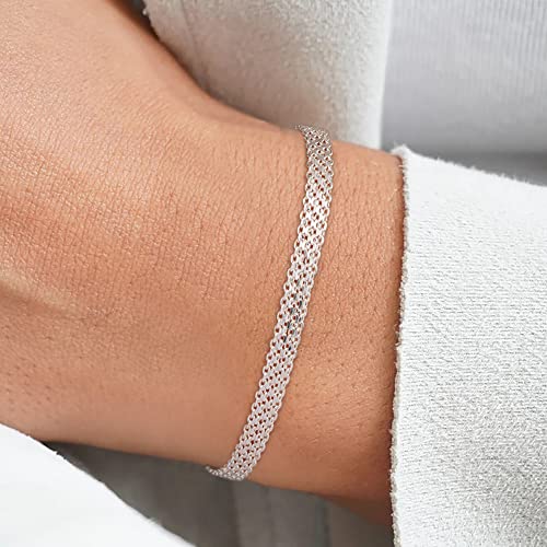 BRIJEWNES Silver Bracelets for Women 925 Sterling Silver Bracelets for Women 4.5mm Mesh Link Chain Bracelet for Women Solid Silver Chain Bracelets for Women 8 Inches Silver Bracelet Jewelry for Women