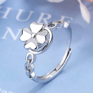 Lucky Four Leaf Clover Fidget Anxiety Ring Sterling Silver Plated Spinner Rotate Freely Stress Relief Adjustable Open Rings Love Heart Shaped Leaves Dainty Stackable Finger Bands Eternity Jewelry