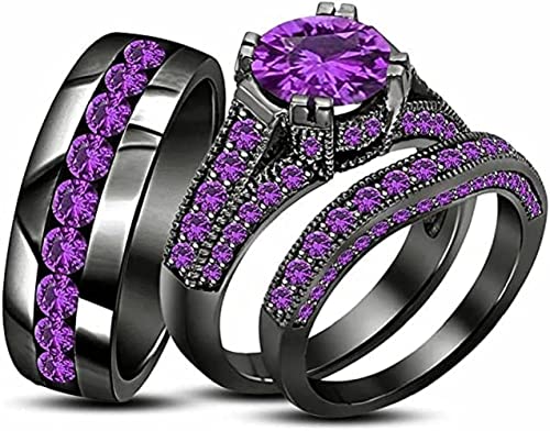 Aryan Jewels 2.30 Ct Round Cut Purple Amethyst 14K Black Gold Over Wedding Band Engagement Bridal Trio Ring Set for Him & Her (7.5)