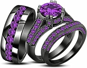 aryan jewels 2.30 ct round cut purple amethyst 14k black gold over wedding band engagement bridal trio ring set for him & her (7.5)