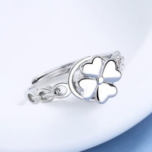 Lucky Four Leaf Clover Fidget Anxiety Ring Sterling Silver Plated Spinner Rotate Freely Stress Relief Adjustable Open Rings Love Heart Shaped Leaves Dainty Stackable Finger Bands Eternity Jewelry