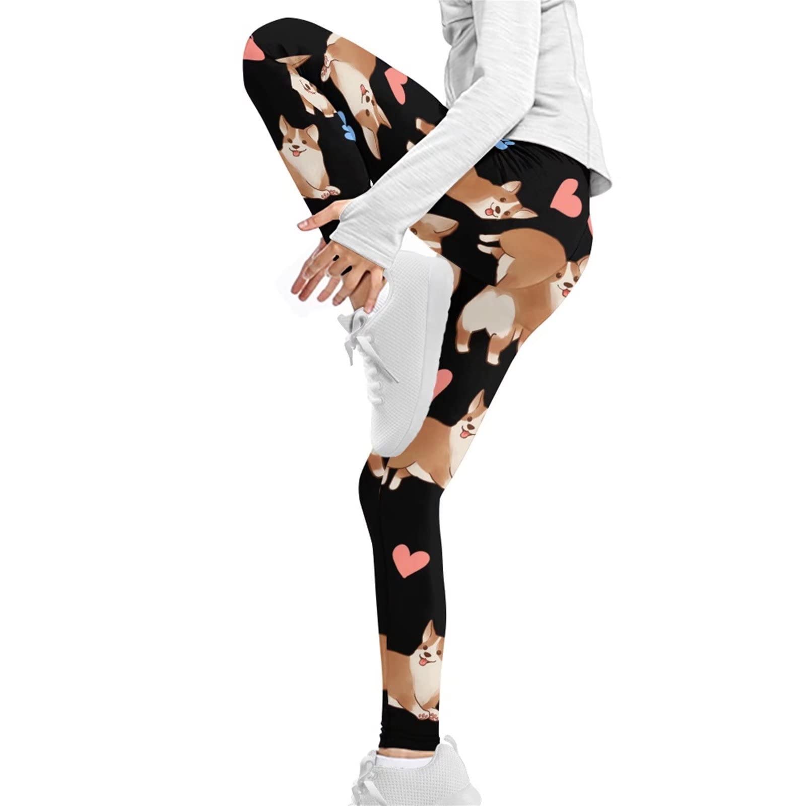 COEQINE Cute Corgi Print Girls Yoga Dancing Leggings Size 4-13 Years Kids Teens Stretch Ankle Length Pants Running Active Yoga Tights