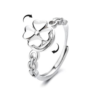 lucky four leaf clover fidget anxiety ring sterling silver plated spinner rotate freely stress relief adjustable open rings love heart shaped leaves dainty stackable finger bands eternity jewelry