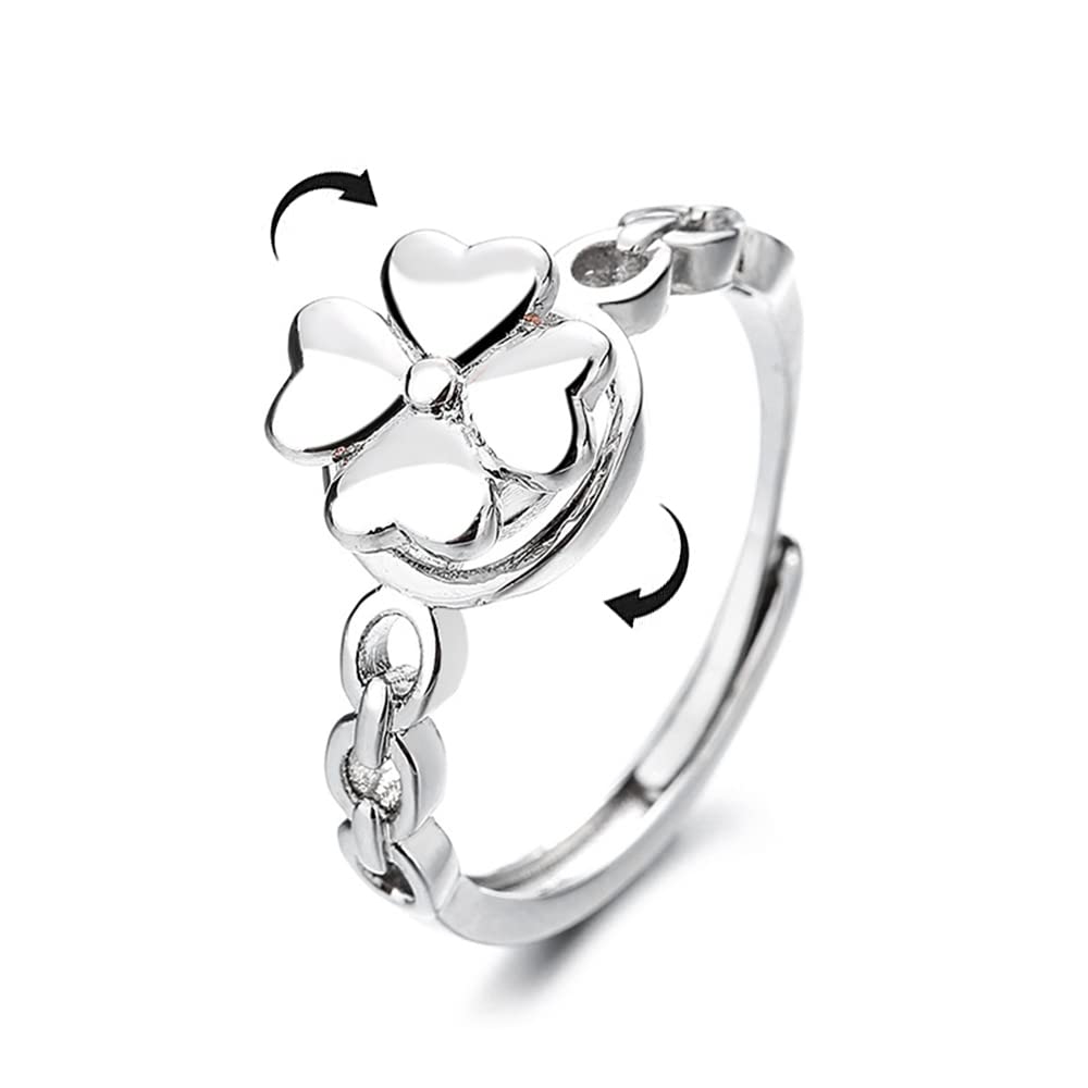 Lucky Four Leaf Clover Fidget Anxiety Ring Sterling Silver Plated Spinner Rotate Freely Stress Relief Adjustable Open Rings Love Heart Shaped Leaves Dainty Stackable Finger Bands Eternity Jewelry