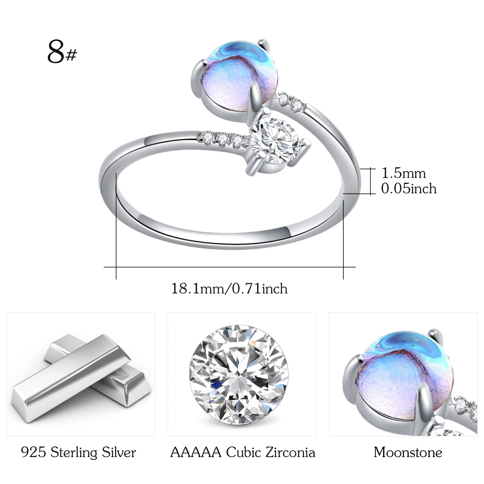 CUOKA MIRACLE Turquoise/Moonstone Ring 925 Sterling Silver Turquoise/Moonstone Adjustable Ring Hypoallergenic Ring for Sensitive Ears Jewelry Gift for Women (Moonstone)