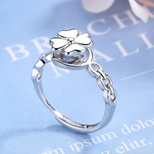 Lucky Four Leaf Clover Fidget Anxiety Ring Sterling Silver Plated Spinner Rotate Freely Stress Relief Adjustable Open Rings Love Heart Shaped Leaves Dainty Stackable Finger Bands Eternity Jewelry