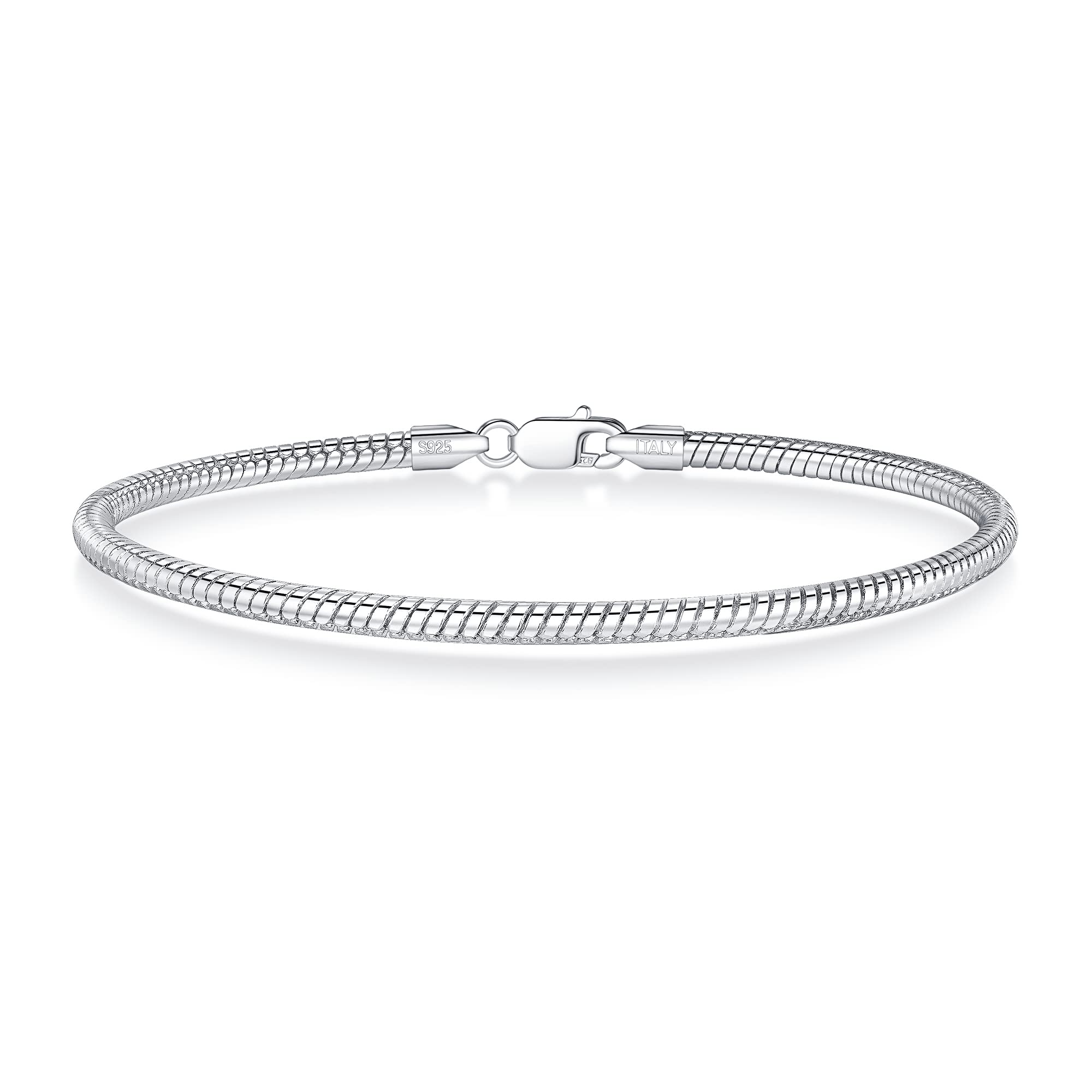 BRIJEWNES Silver Bracelets for Women 925 Sterling Silver Bracelets for Women 3mm Round Snake Chain Bracelet for Women Solid Silver Chain Bracelets for Women 7 Inches Silver Bracelet Jewelry for Women