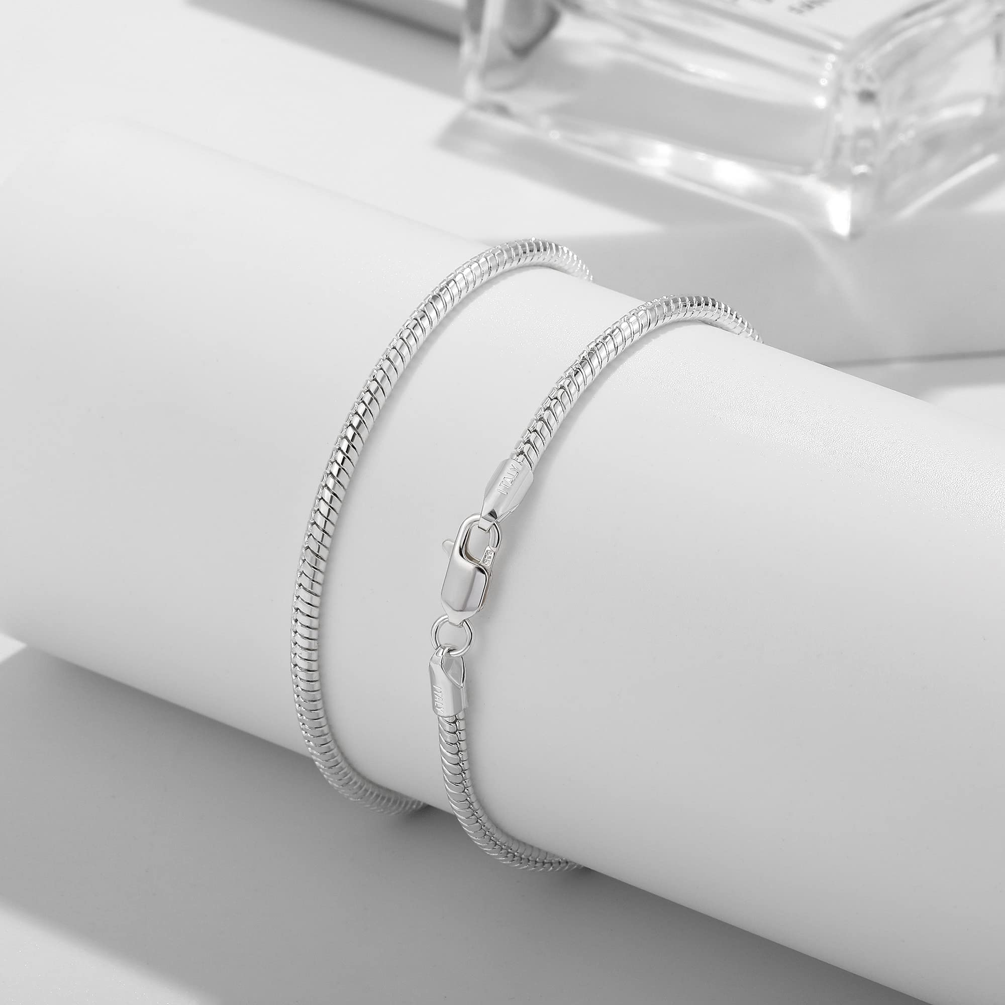 BRIJEWNES Silver Bracelets for Women 925 Sterling Silver Bracelets for Women 3mm Round Snake Chain Bracelet for Women Solid Silver Chain Bracelets for Women 7 Inches Silver Bracelet Jewelry for Women