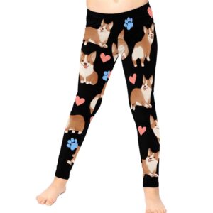 coeqine cute corgi print girls yoga dancing leggings size 4-13 years kids teens stretch ankle length pants running active yoga tights