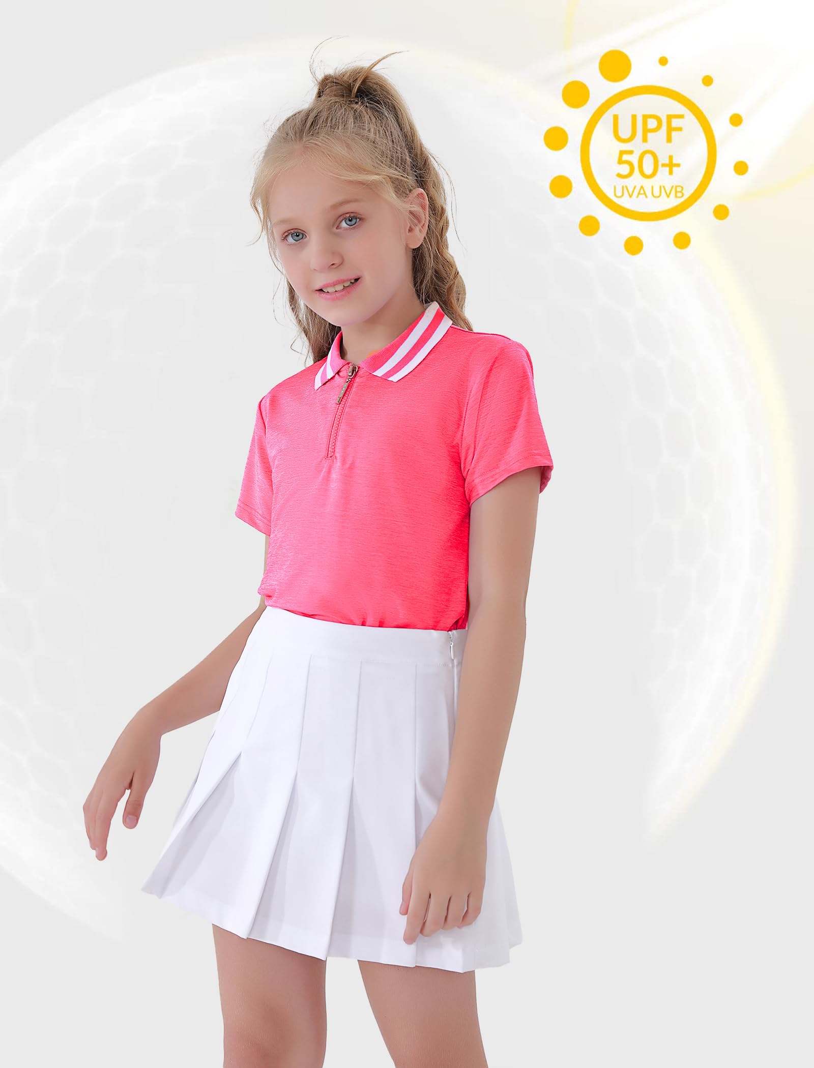 EXARUS Girls' Short Sleeve Golf Tennis Polo Shirts Kids 1/4 Zip Athletic Workout Quick Dry Golf Clothes UPF 50+ T-Shirts Rose 8 Years