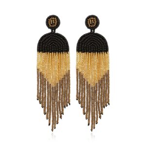 mjartoria long beaded tassel earrings for women, boho earrings vintage drop dangle earrings native handmade earrings colorful statement earrings seed bead jewelry gifts（black+gold+brown)