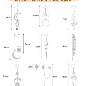 DOLOTTA 9 Pairs Moon Stars Long Dangle Earrings for Women Sun Butterfly CZ Earrings Exaggerated Moon Gold Earrings Long Chain Shining Tassel Boho Vintage Earrings Silver