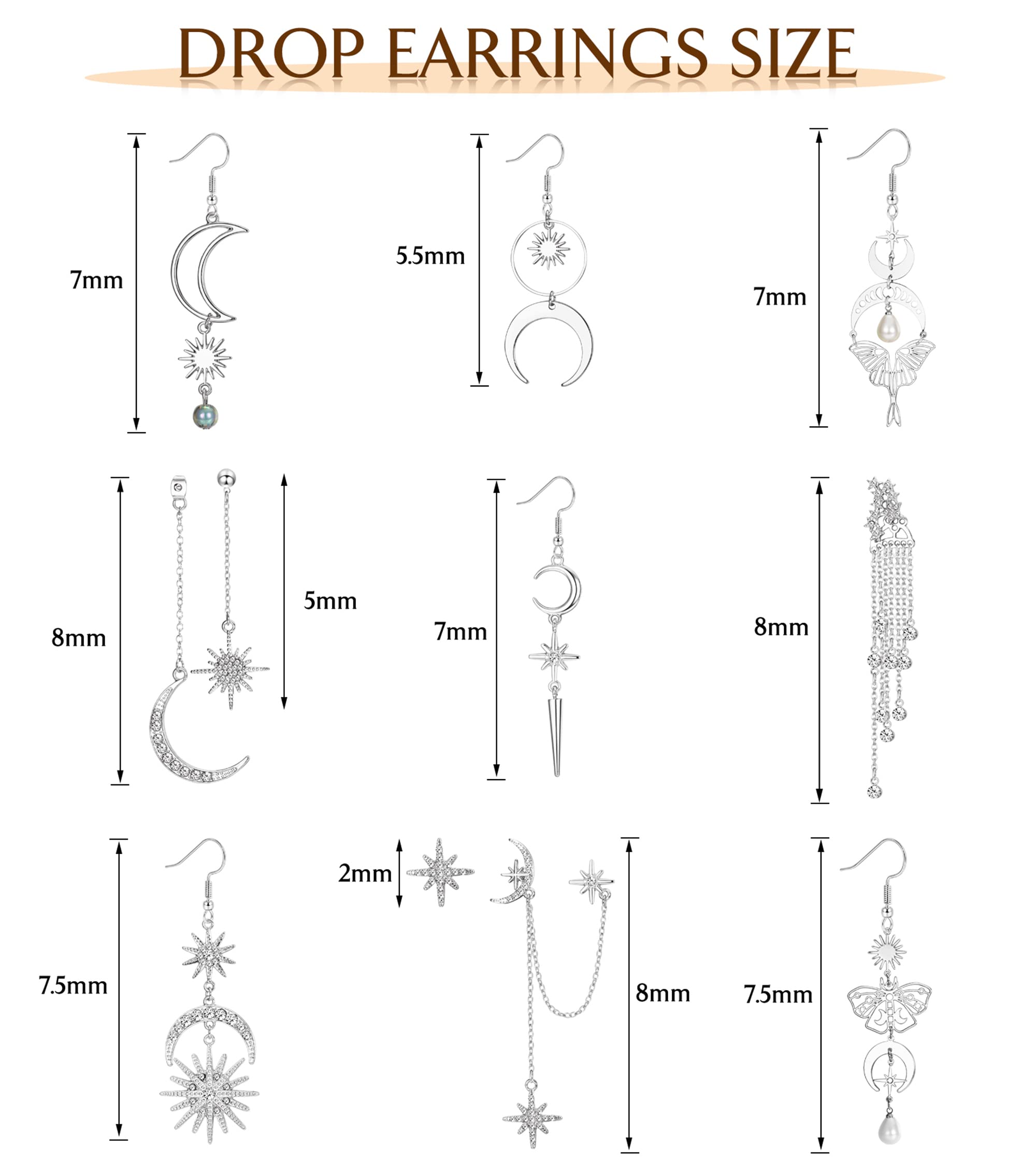 DOLOTTA 9 Pairs Moon Stars Long Dangle Earrings for Women Sun Butterfly CZ Earrings Exaggerated Moon Gold Earrings Long Chain Shining Tassel Boho Vintage Earrings Silver