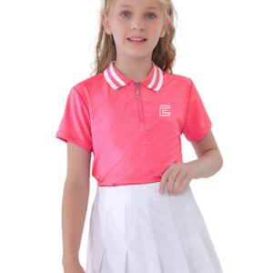 EXARUS Girls' Short Sleeve Golf Tennis Polo Shirts Kids 1/4 Zip Athletic Workout Quick Dry Golf Clothes UPF 50+ T-Shirts Rose 8 Years