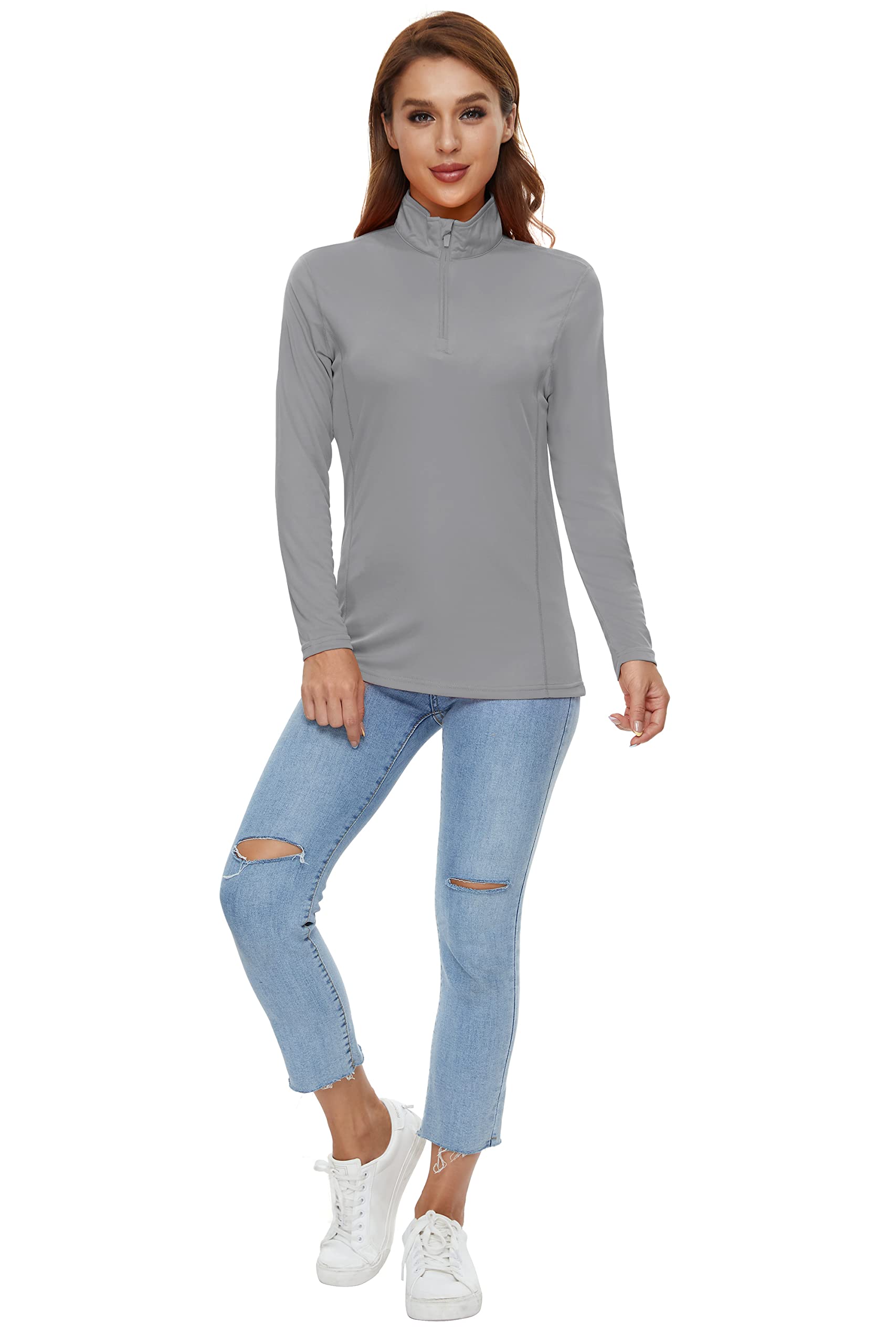 CRYSULLY Women's Classic Long Sleeve Shirts Lightweight Sun Protection Outdoor Running Top Light Grey