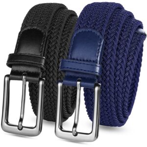 veasaers golf belts for men 2 pack braided elastic fabric stretch canvas woven for men women youth sports golf hiking (34"-38" waist adjustable, 2 pack-black+blue)