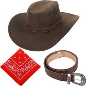 haysandy men cowboy costume hat with bandana belts cowboy cowgirl hat wide cowboy brim hat cowboy costume accessories(brown)