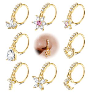 joerica 8 pcs 20g dangle nose rings hoops for women butterfly heart moon flower cross cz dangle nose rings cartilage earring dangling nose piercing jewelry