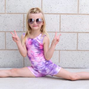 Funnycokid Gymnastics Leotards for Girls Purple Tie Dye Outfits Sparkly Biketards with Shorts Sleeveless Unitards 7-8 Years