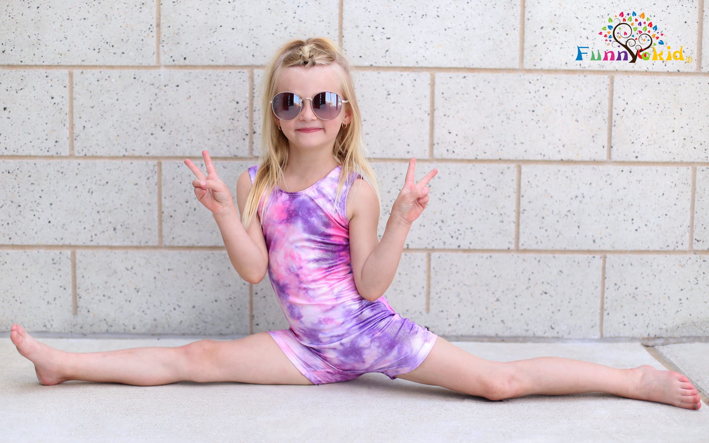 Funnycokid Gymnastics Leotards for Girls Purple Tie Dye Outfits Sparkly Biketards with Shorts Sleeveless Unitards 7-8 Years