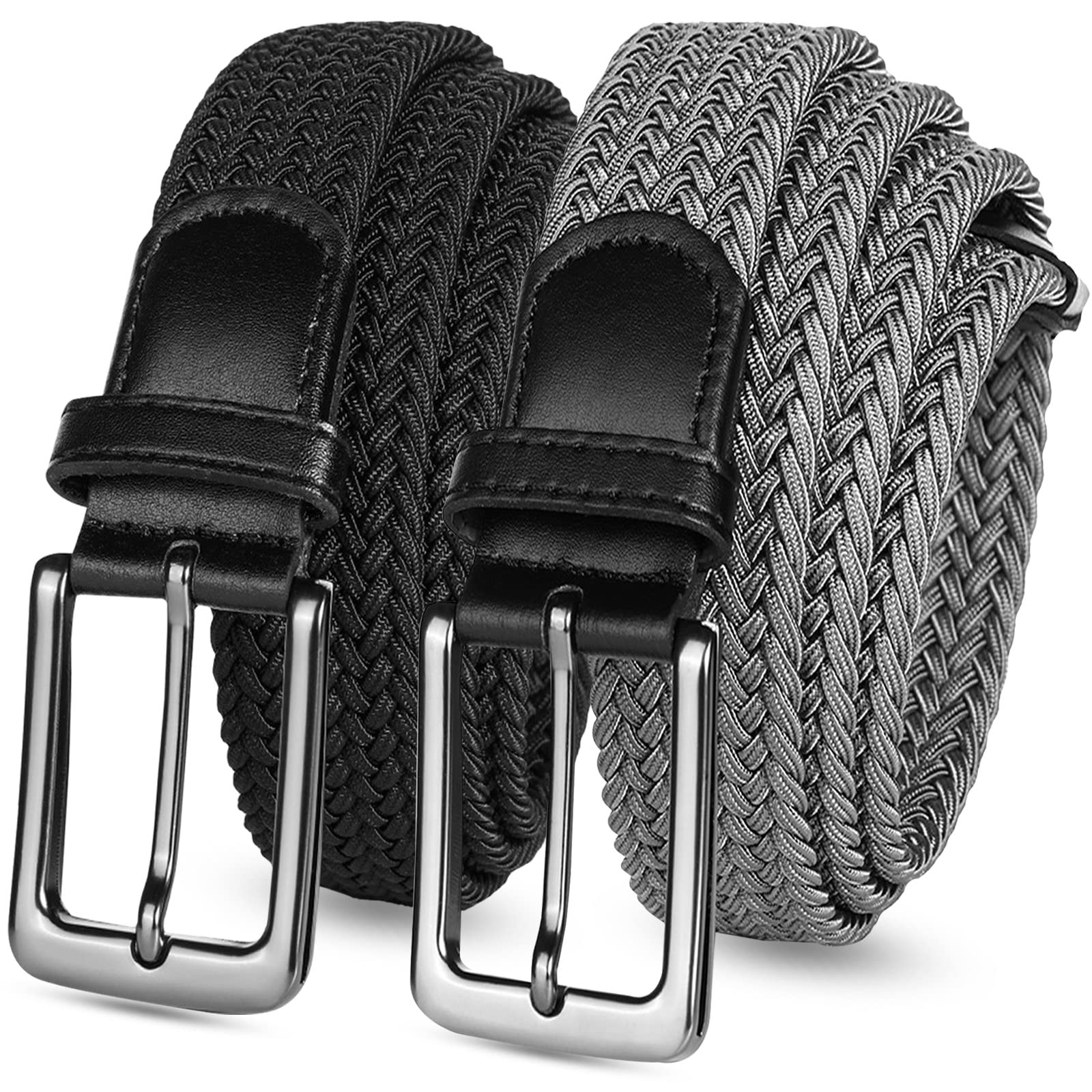 VEASAERS Golf Belts for Men 2 Pack Braided Elastic Fabric Stretch Canvas woven for Men Women Youth Sports Golf Hiking (38"-42" Waist Adjustable, 2 Pack-Black+Gray)