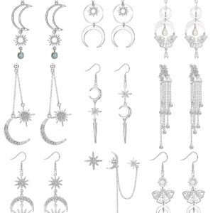 DOLOTTA 9 Pairs Moon Stars Long Dangle Earrings for Women Sun Butterfly CZ Earrings Exaggerated Moon Gold Earrings Long Chain Shining Tassel Boho Vintage Earrings Silver